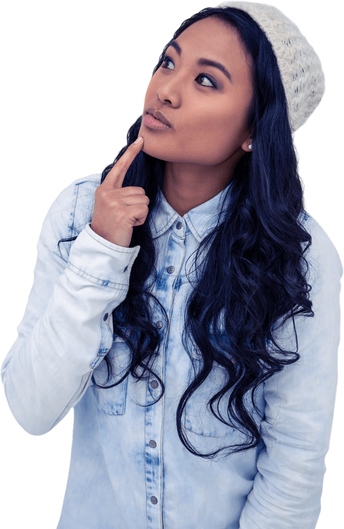 Thoughtful Young Asian Woman in Denim Looking Up Transparent Background