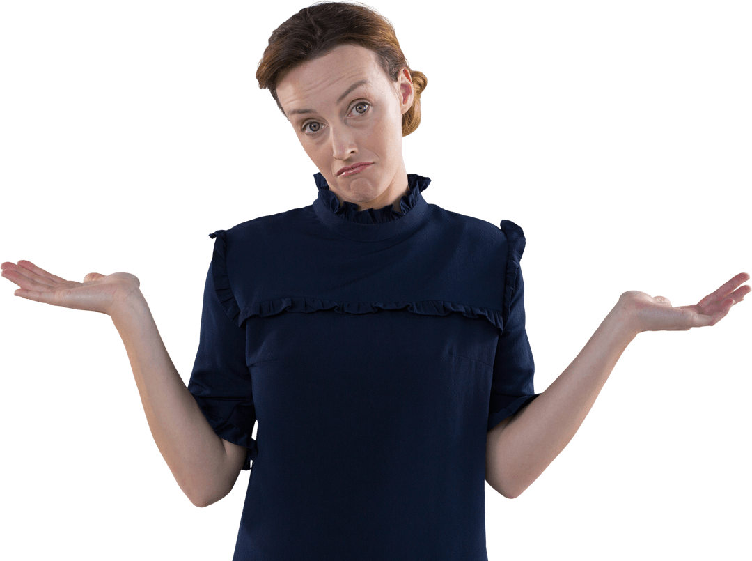 Confused Caucasian Woman Shrugging on Transparent Background