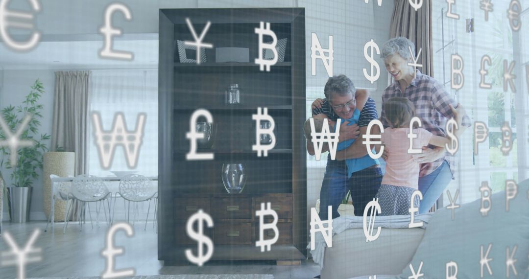 Happy Multi-generational Family in Modern Home Surrounded by Currency ...