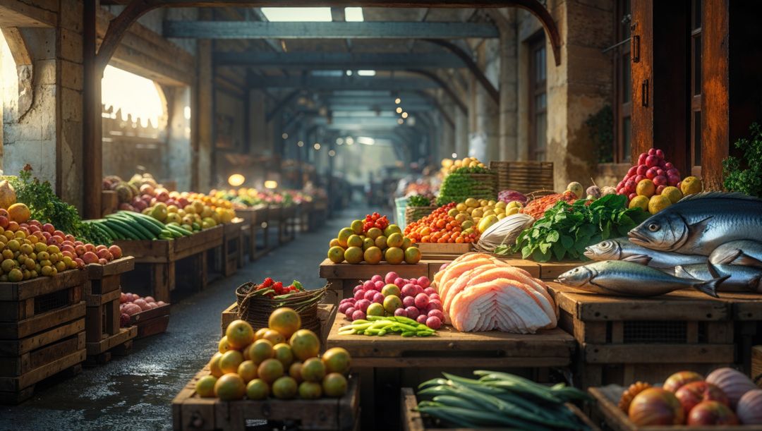 Vibrant Market Hall with Fresh Produce and Seafood Display - Free Stock ...
