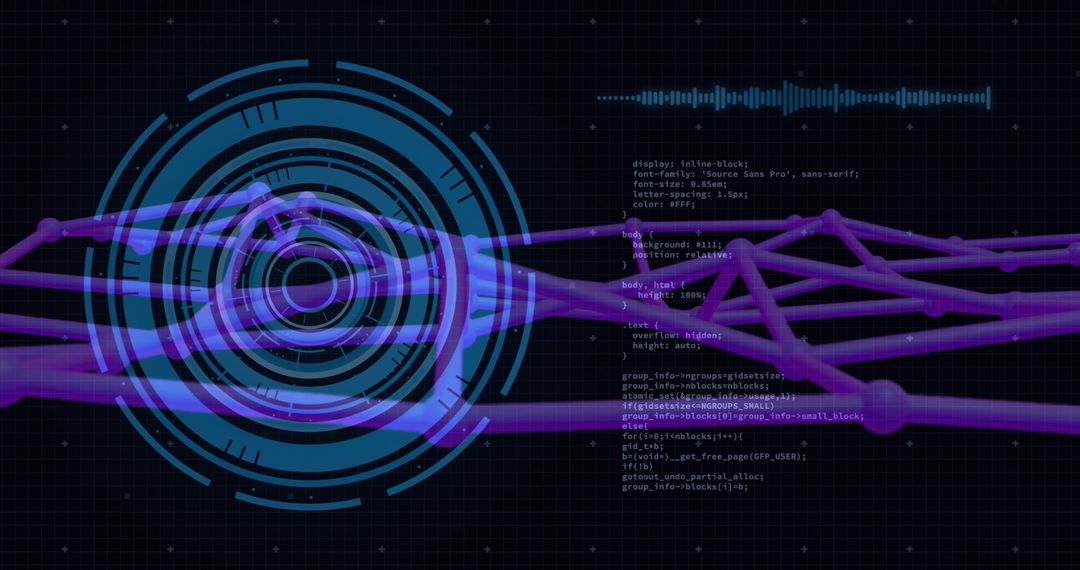 Futuristic digital interface with code and data network visualization ...