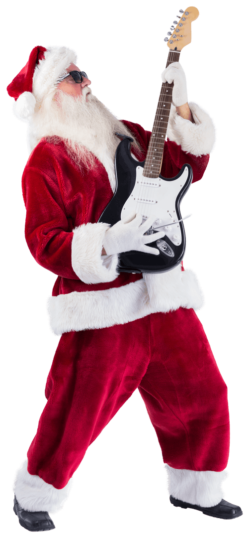 Festive Santa Rocking Out with Electric Guitar on Transparent Background