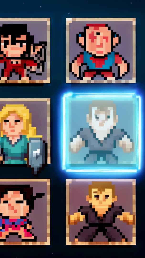 Vertical Pixel Art Roster: Neon Selection Box Sliding Over 3x3 Fantasy ...