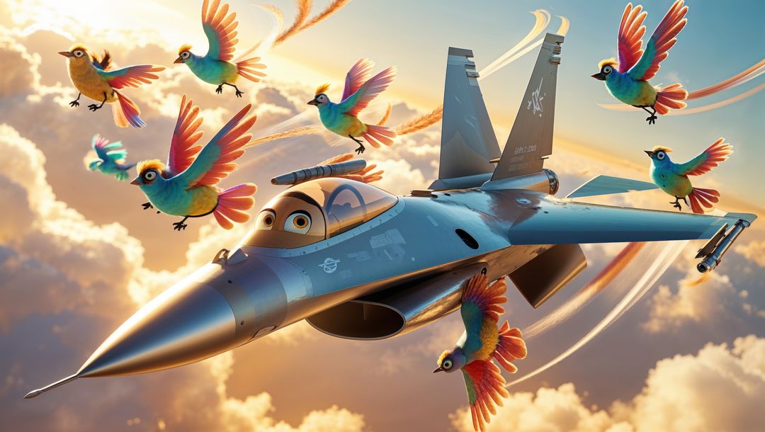 Whimsical cartoon f16 jet and birds soaring above clouds - Free Stock ...