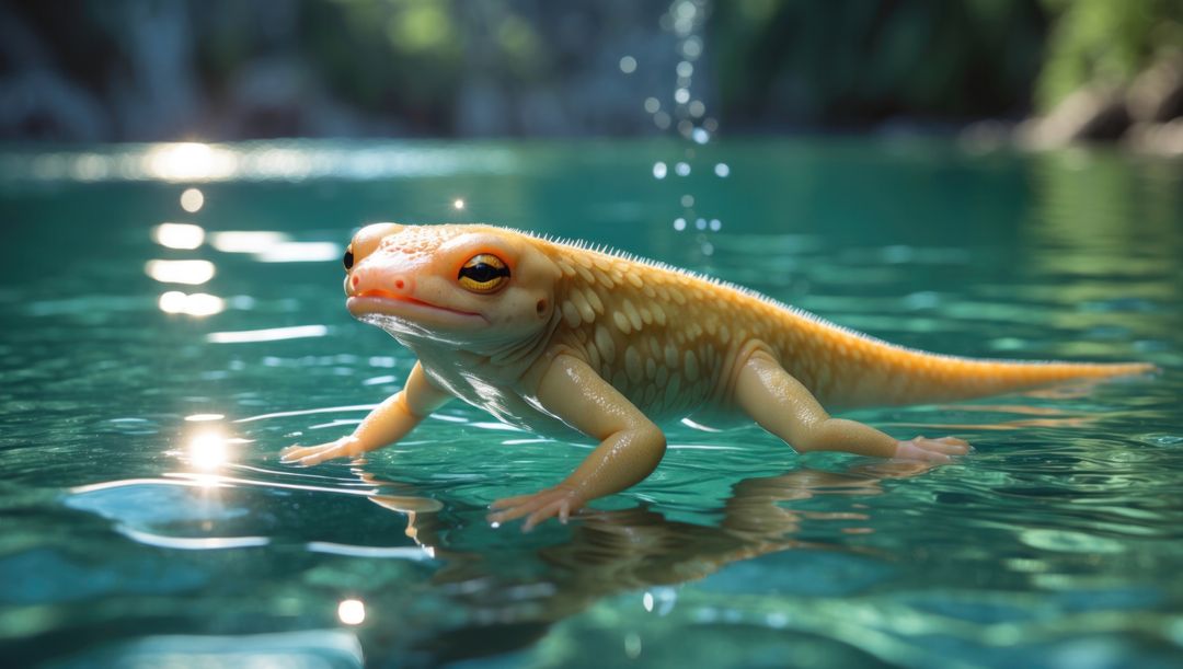 Gecko-Like Amphibian Posing on Tranquil Pond Water Surface