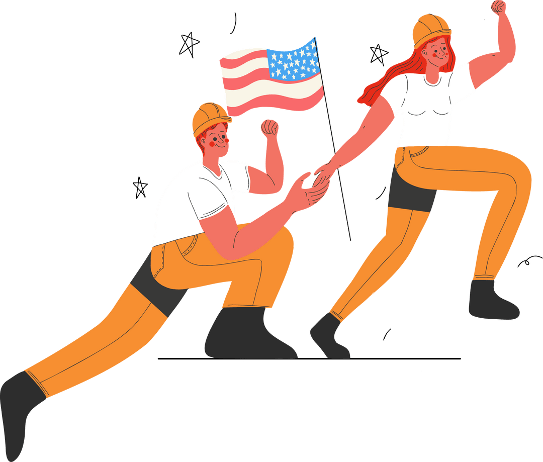 Cartoon construction workers celebrating team spirit with flag - Free ...