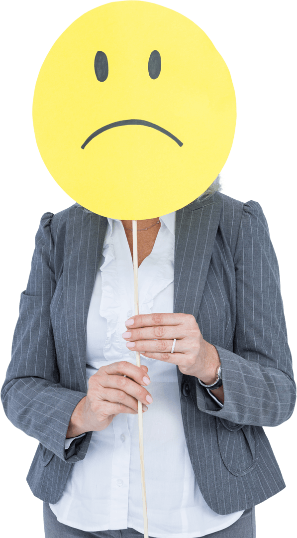 Businesswoman Holding Sad Smiley Face Sign with Transparent Background