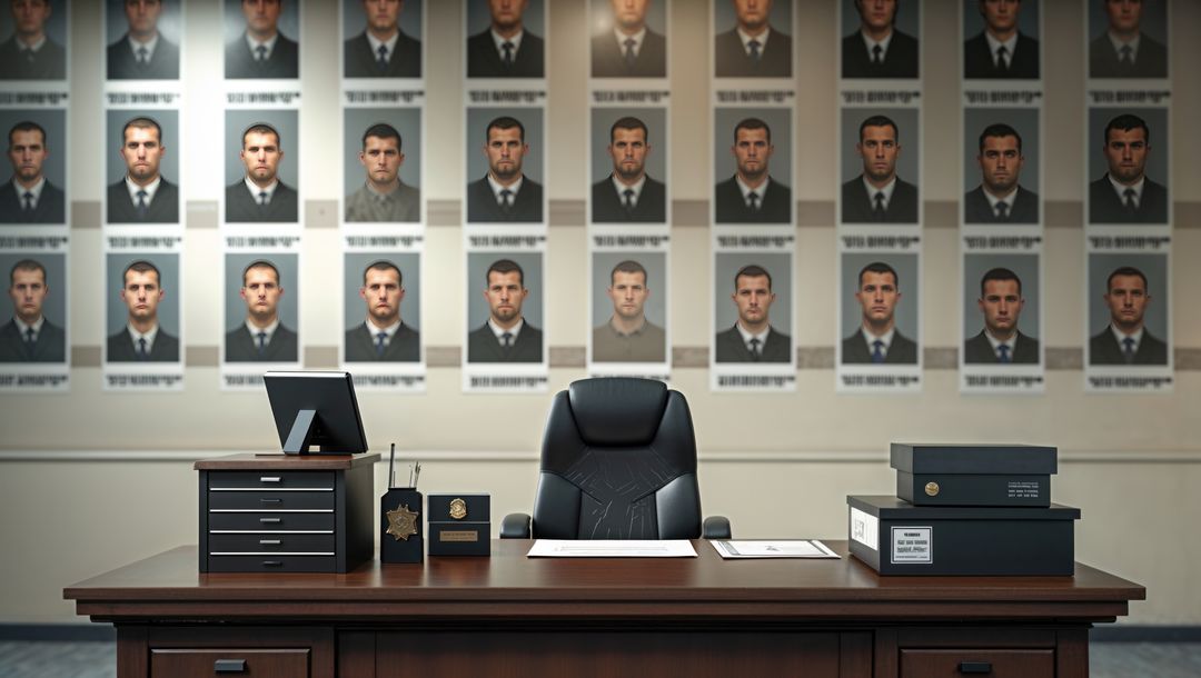 Detective office with mugshot wall and desk in law enforcement setting ...