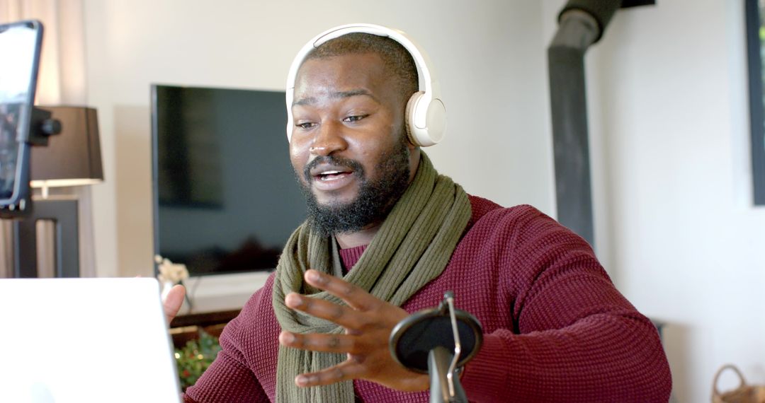 African American content creator recording podcast at home studio ...