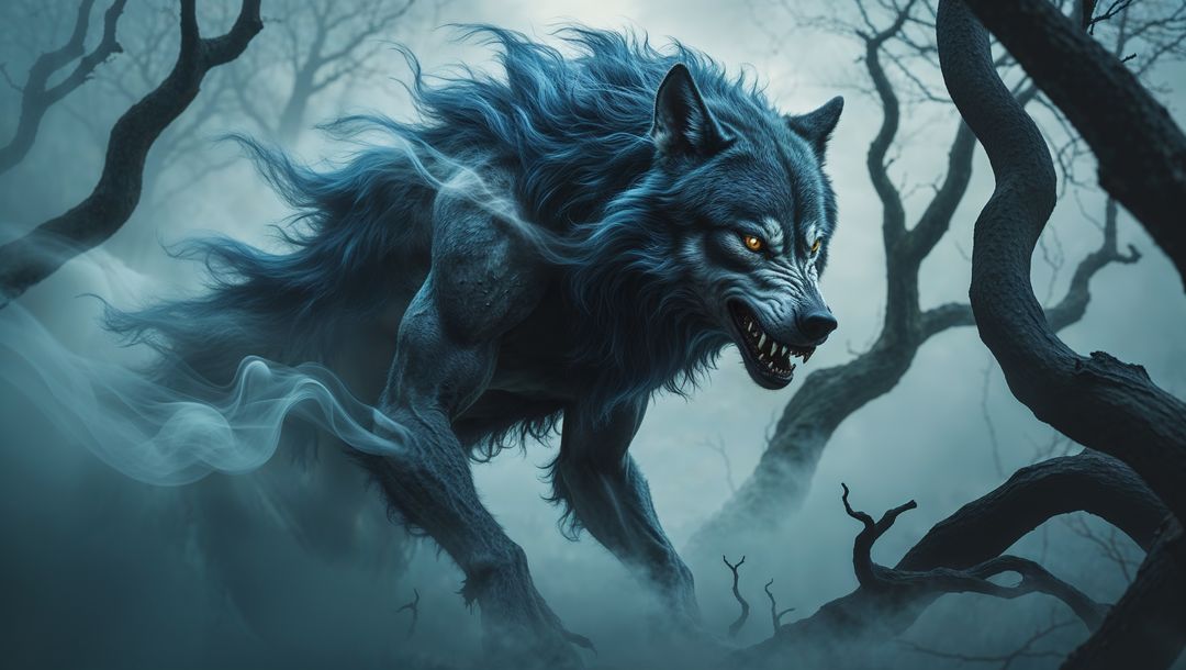 sinister wolf-like creature in enigmatic foggy forest - Free Stock ...