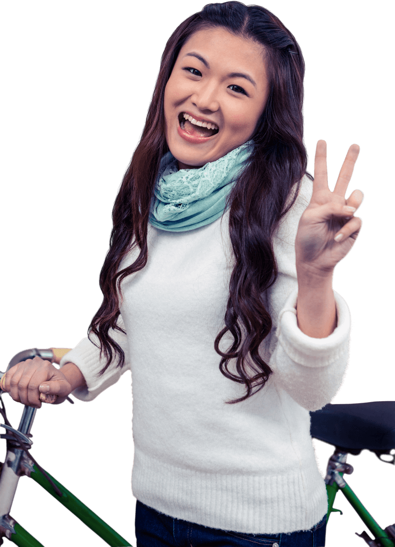 Asian Woman Holding Bike and Making Peace Sign on Transparent ...