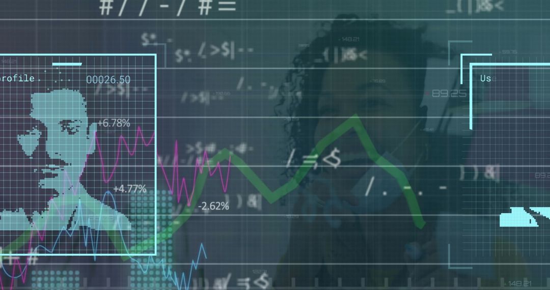 Abstract Digital Interface with Human Portraits and Economic Graphs