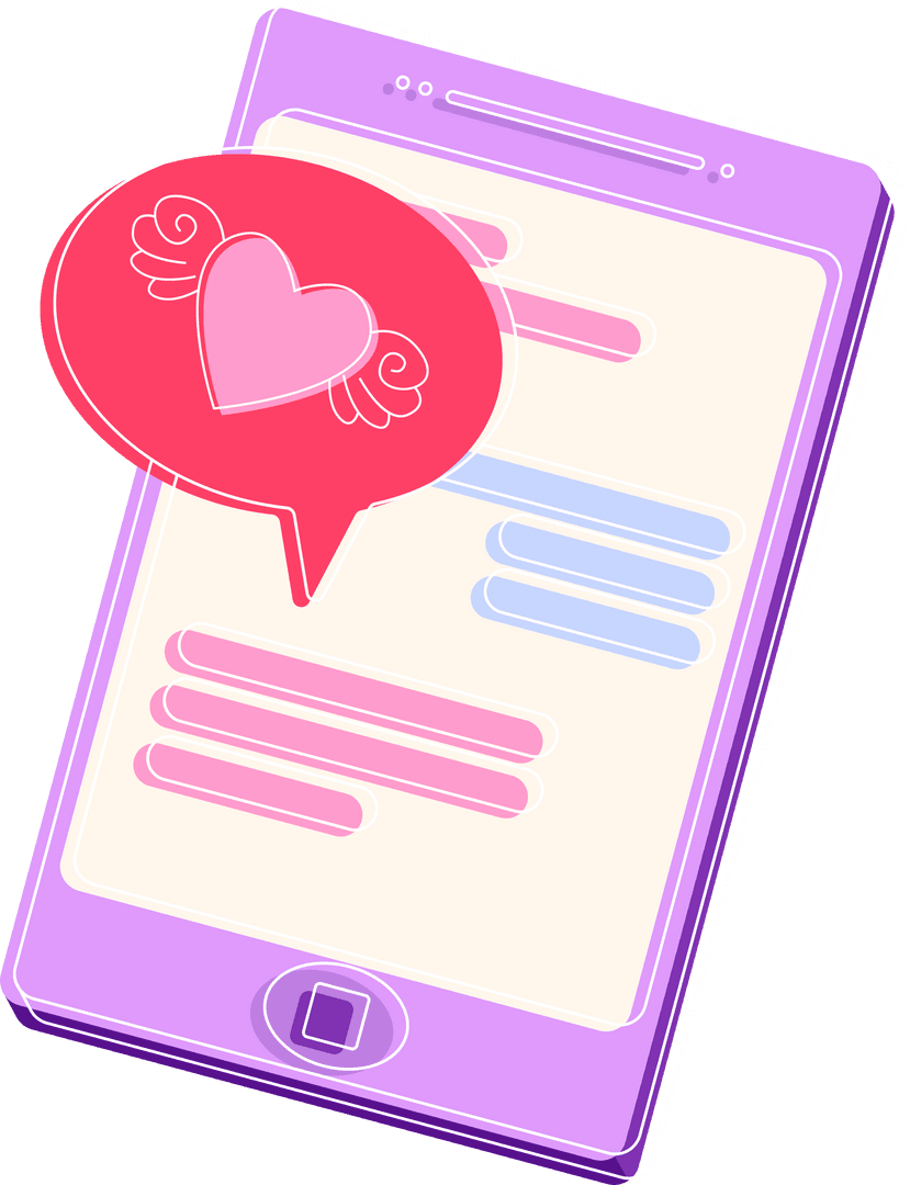 Purple phone interface with heart chat bubble on transparent background ...