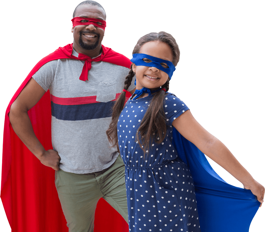 Explorer Father and Daughter Bonding in Transparent Superhero Costumes ...