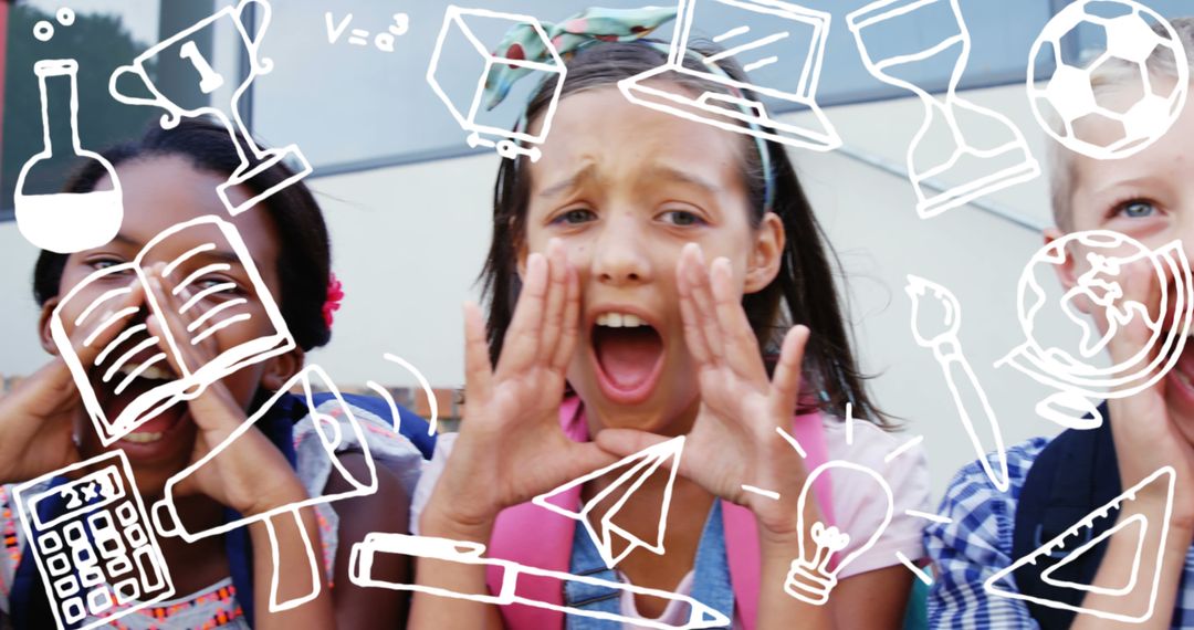 Creative Learning: Excited School Children with Educational Icons ...