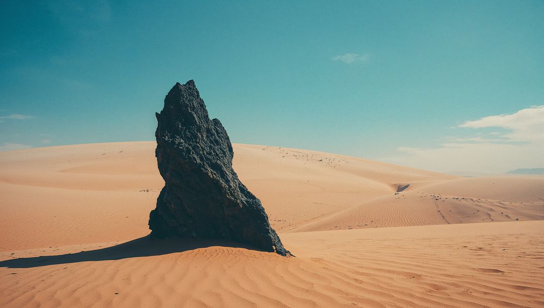 Lonely Rock Formation Amidst Rippling Sand Dunes in Expansive Arid ...