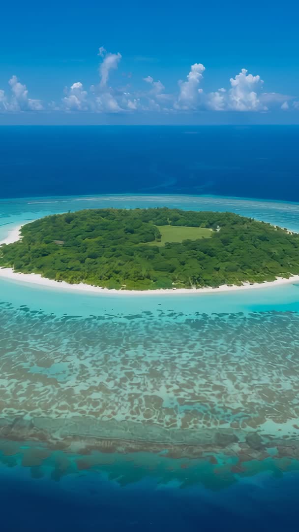 Drone approaching tropical atoll lagoon revealing central island and ...