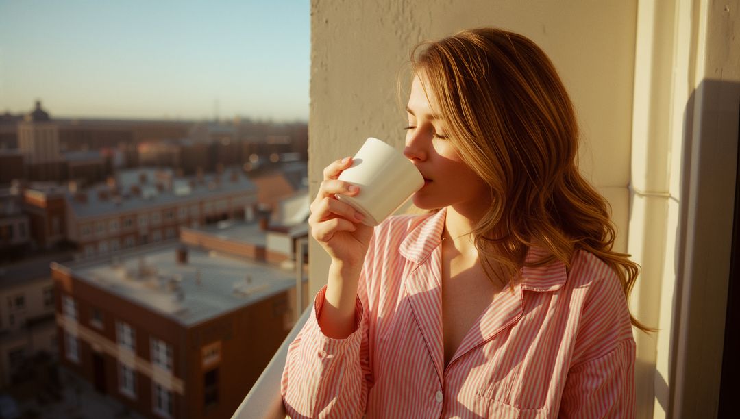 Woman Sipping Coffee on Balcony with Urban View in Morning Light - Free ...