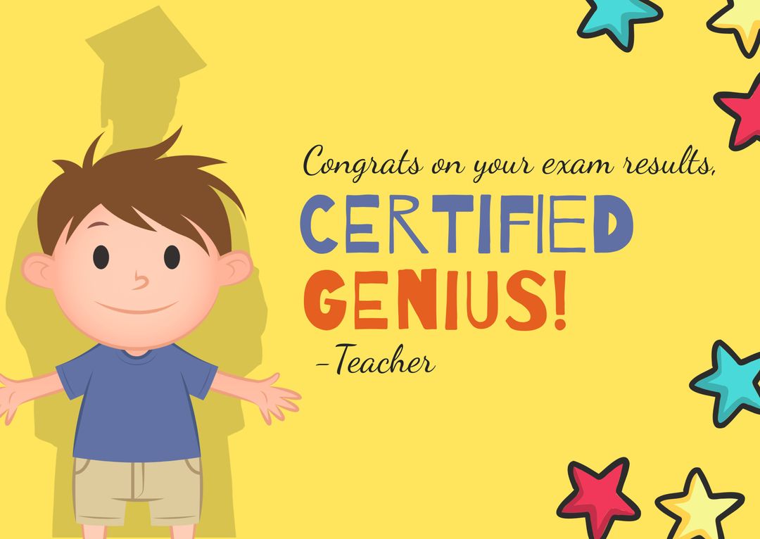 Illustrated Boy Celebrating Exam Success with Cheerful Stars