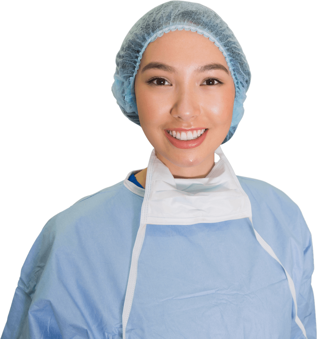 Smiling Asian Female Doctor in Surgical Attire Transparent Background