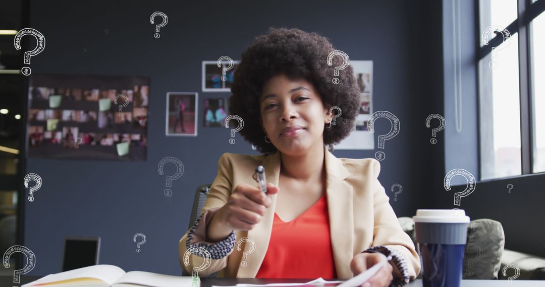 Confused Businesswoman in Office with Question Marks Overlay - Free ...
