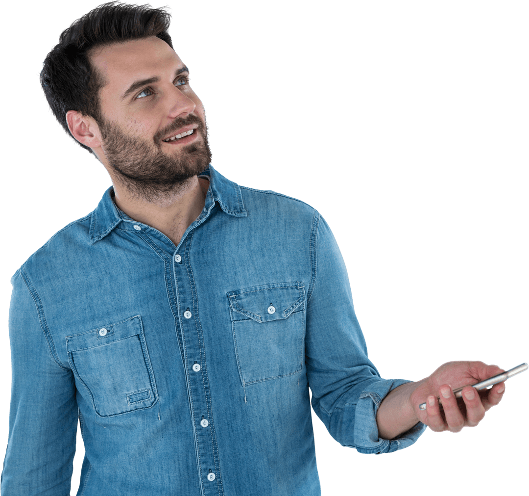 Happy Man in Denim Shirt Holding Mobile Phone on Transparent Background ...