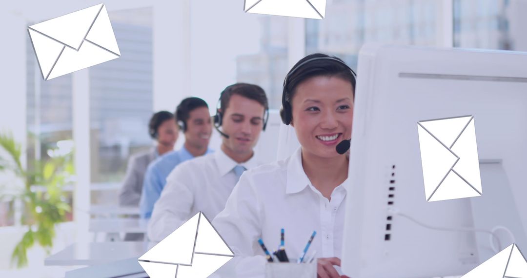 Asian Female Call Center Agent with Floating Email Icons - Free Stock ...