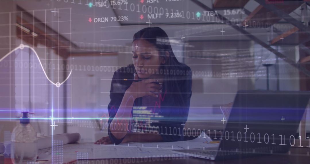 Businesswoman Analyzing Data with Binary Code Overlay