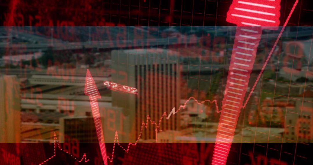 Red Market Surge Overlaying Urban Cityscape Showing Rising Arrow ...