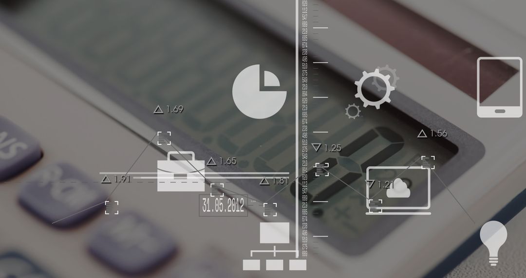 Digital interface overlay on calculator featuring media and gear icons ...