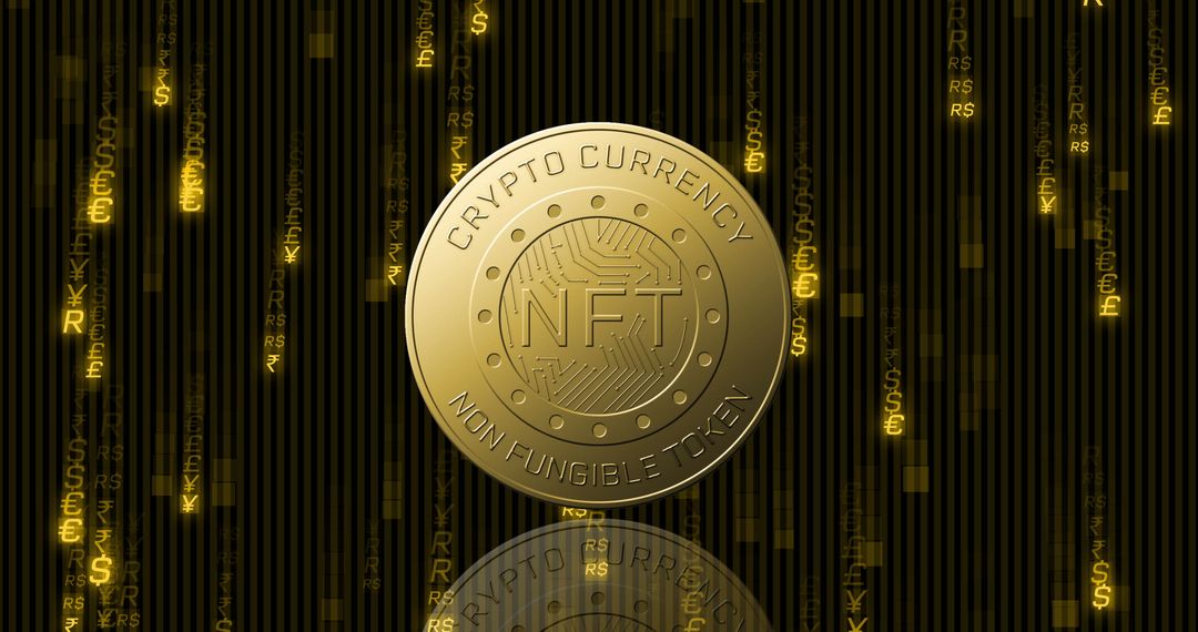 Golden NFT Coin Spinning Amidst Currency Symbols - Free Stock Photo ...