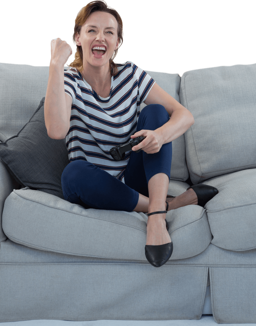 Joyful Woman Celebrating While Playing Video Games, Transparent Background