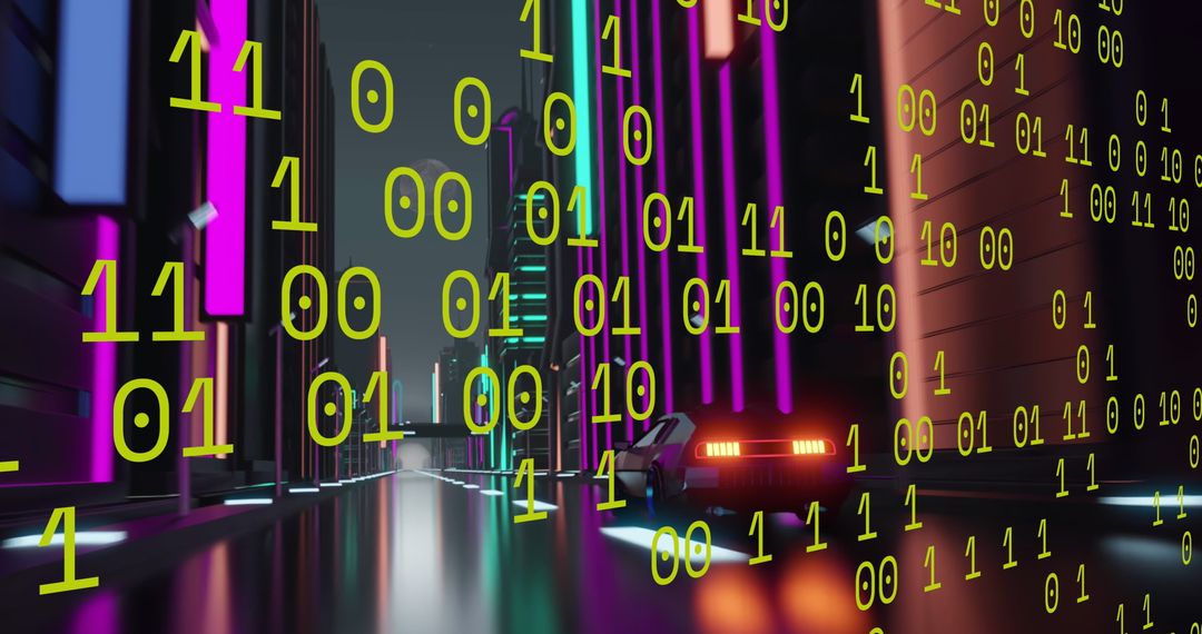 Futuristic Cityscape with Binary Code Overlay