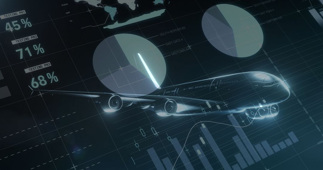 Futuristic Airplane Overlay on Digital Data Charts
