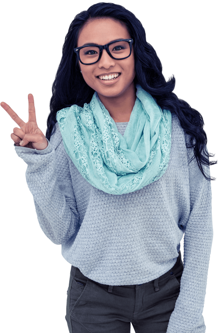 Confident asian woman flashing peace sign on transparent background ...
