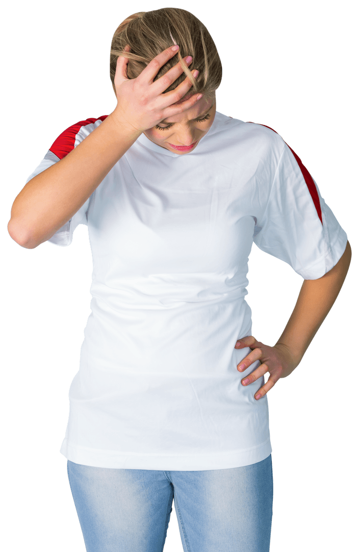 Disappointed Woman Transparent Background, White Shirt, Hand on Forehead