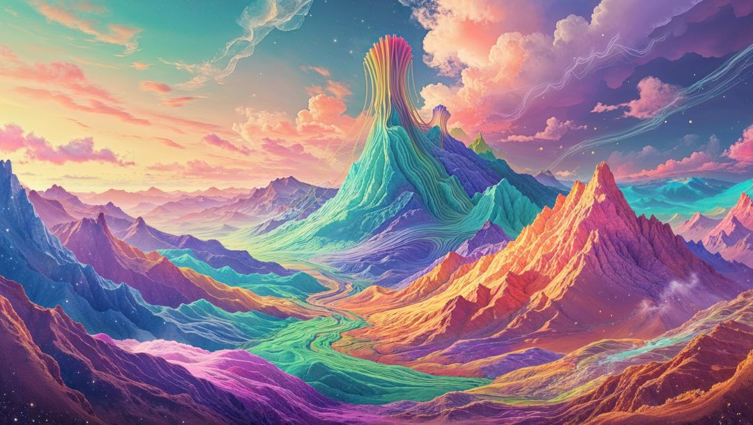 Vibrant Alien Mountainscape with Central Swirling Peak