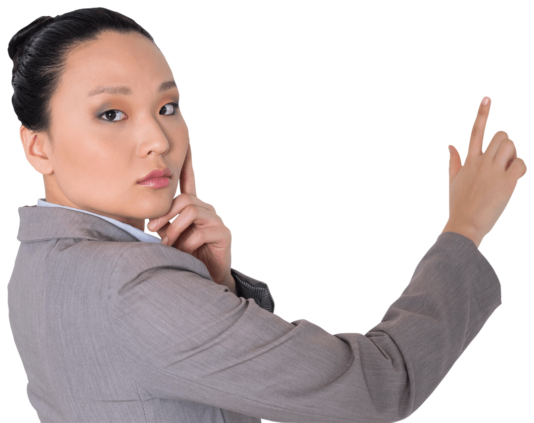 Focused asian businesswoman pointing finger on transparent background ...