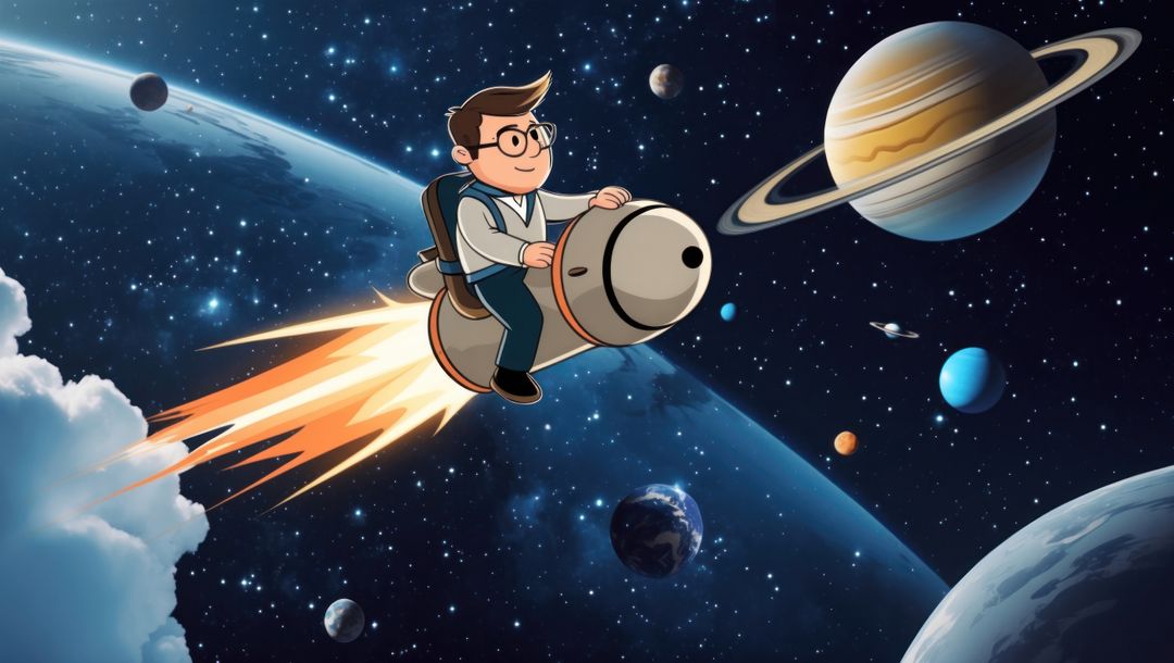 Cartoon Explorer Rocketing Through Cosmic Adventure