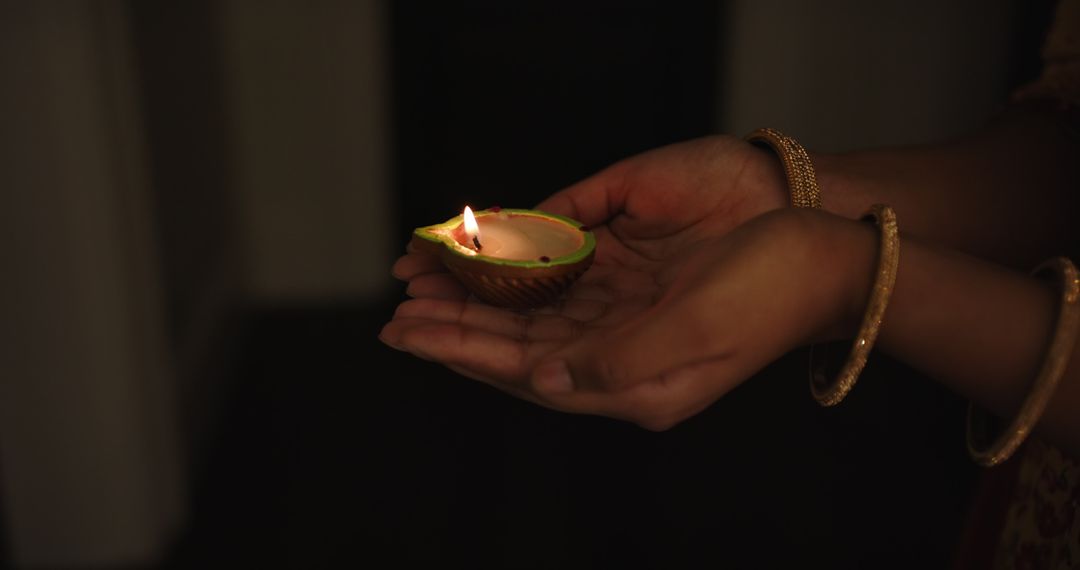 Hands Holding Lit Diya Symbolizing Diwali Festival Light and Spirituality