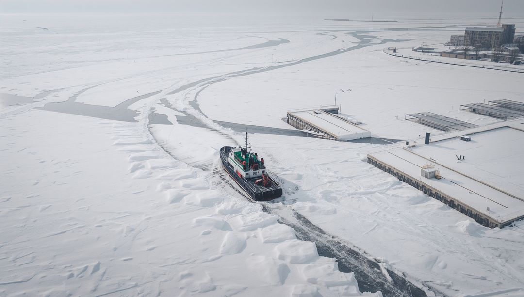 Icebreaking Tugboat Cutting Frozen Harbor Channel, Aerial Winter ...