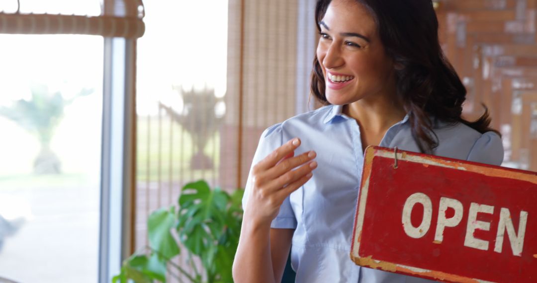 Smiling Asian Businesswoman Flipping Open Sign Ready for Day - Free ...