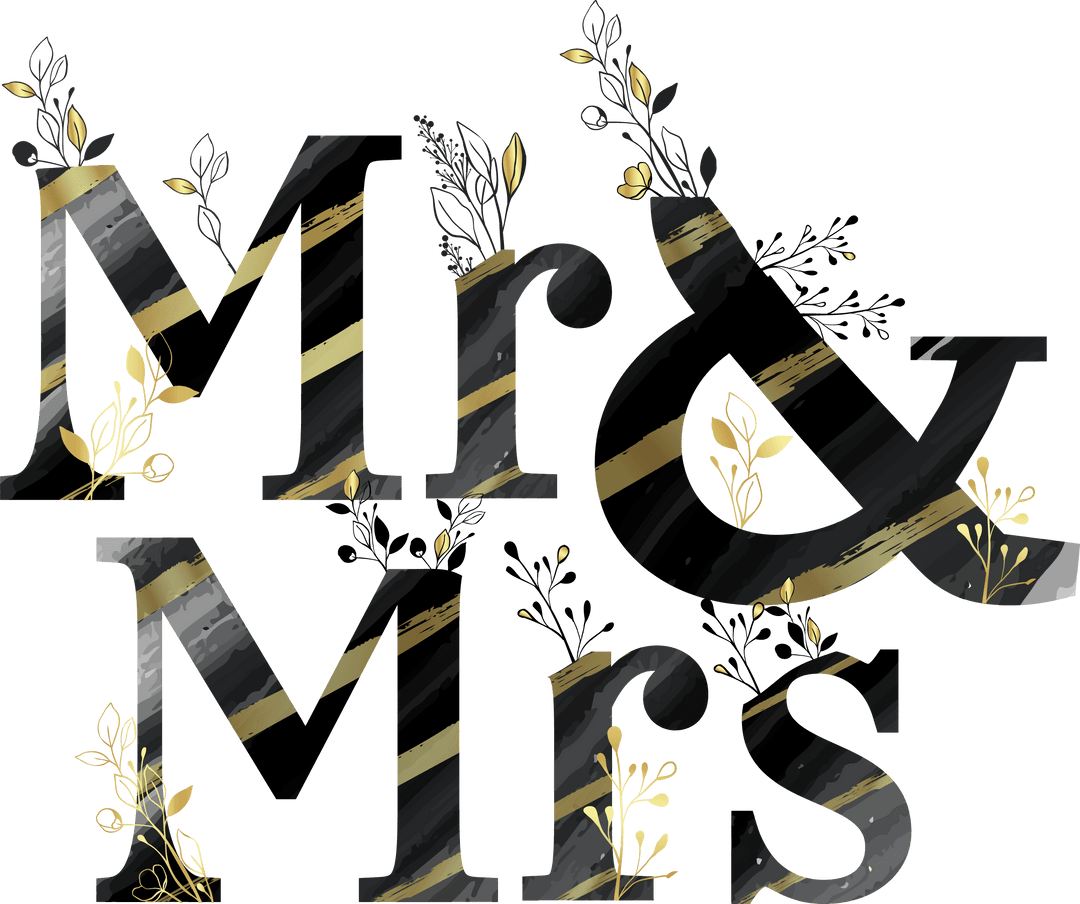 Mr and Mrs Typography with Gold and Black Floral Design Transparent ...