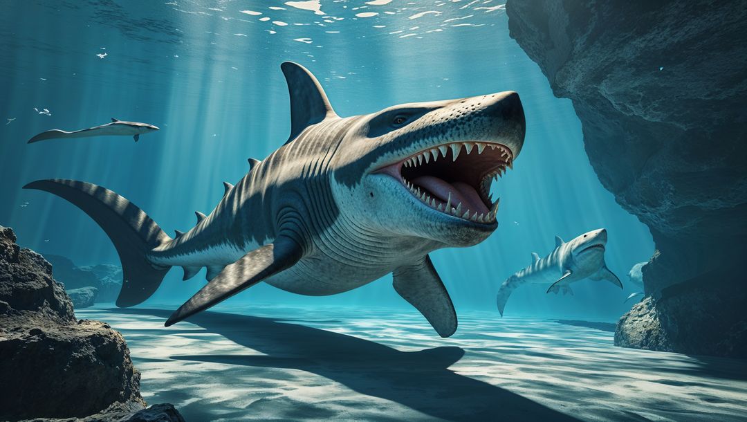 Majestic megalodon shark swimming in sunlit reef waters - Free Stock ...