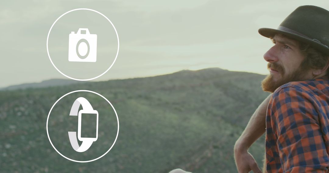 Exploring Connectivity: Man with Holographic Network Icons in Mountains ...