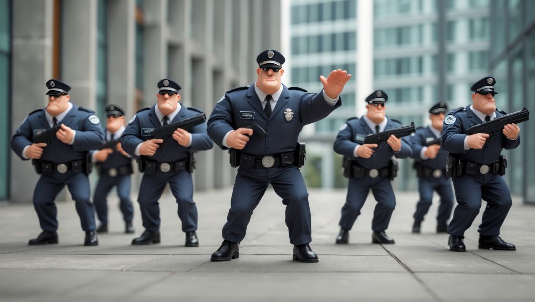 Animated Police Officers Form Defensive Line in Urban Plaza