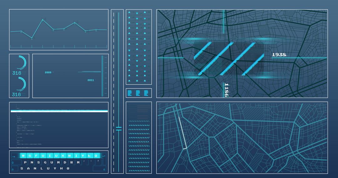 Futuristic Data Interface with Digital Map and Holographic Elements