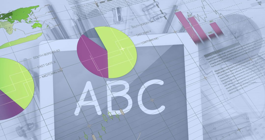 Business Infographic and Tablet with Financial Chart Overlays