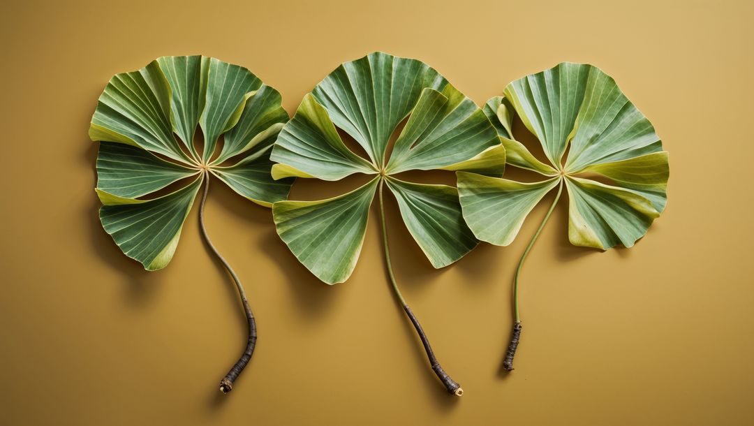 Three ginkgo-inspired fan-shaped green leaves on tan background - Free ...