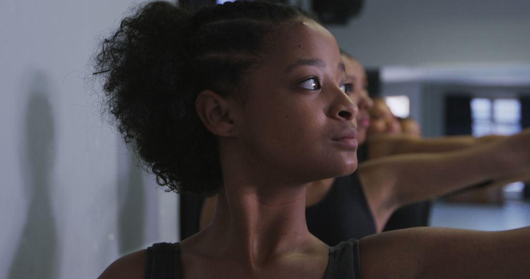 Focused African American Female Dancer Training at Barre in Dance ...